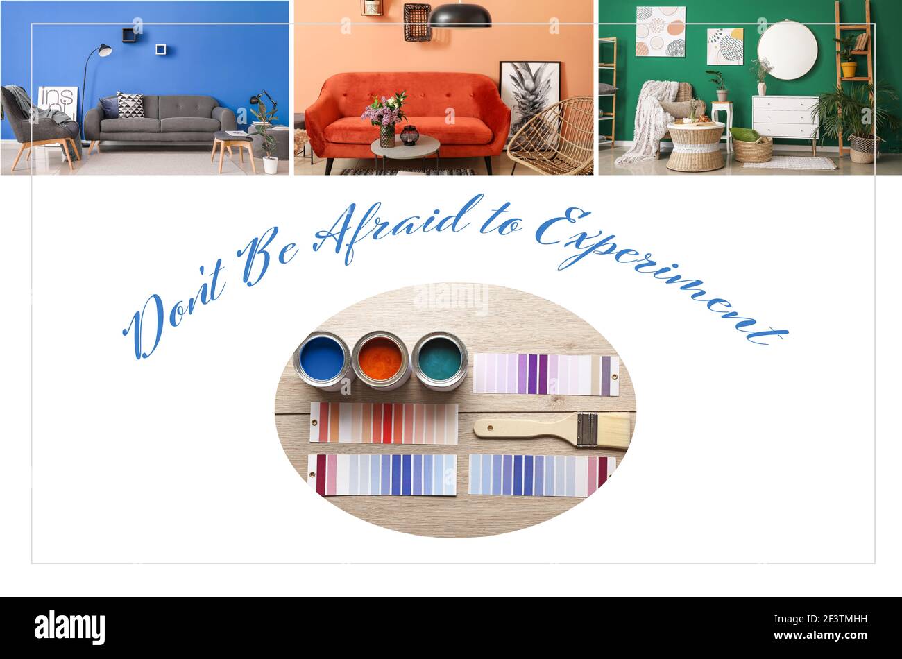 Collage of different interiors of living rooms with bright color walls ...