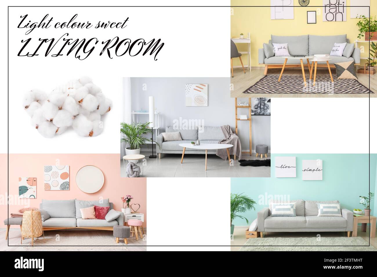 Collage of different interiors of living rooms in light colors Stock ...