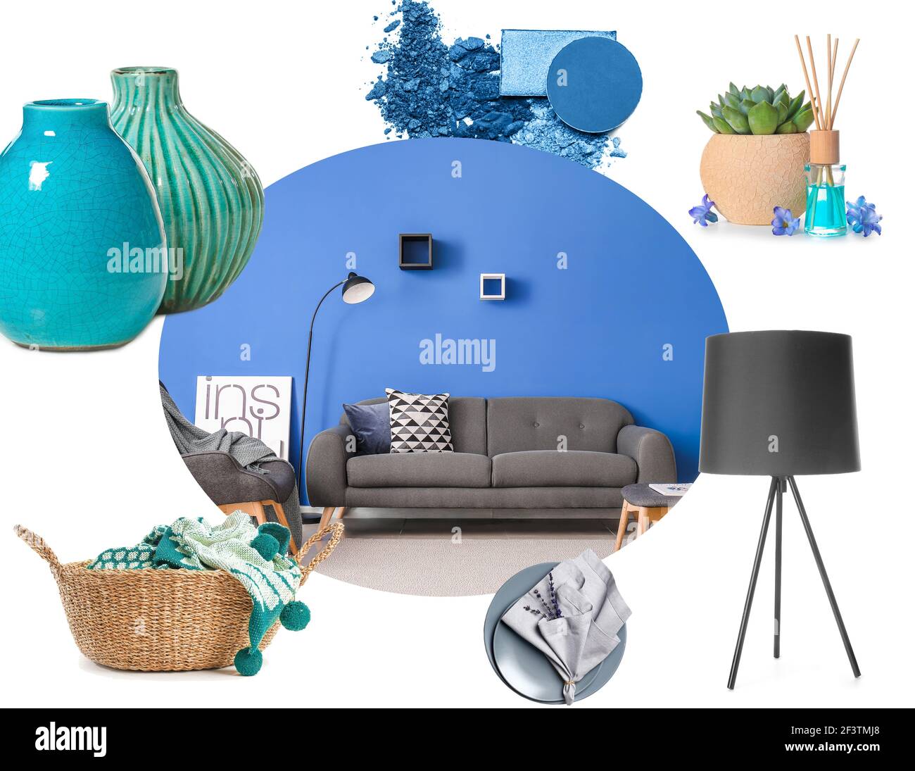 Collage of different stylish decor for interior of living room on white ...