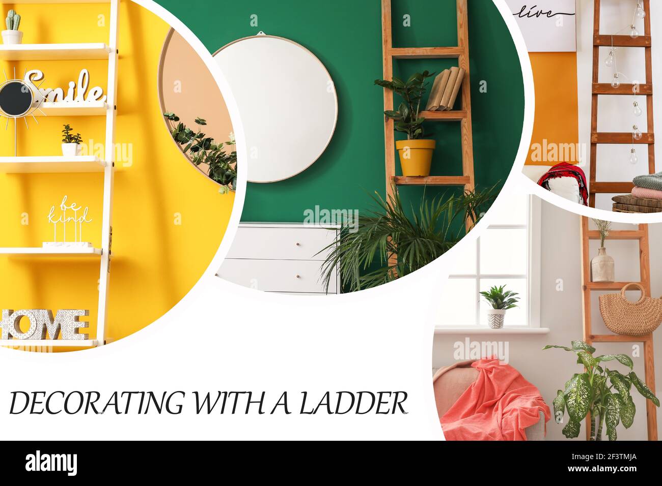 Collage of different interiors of living rooms with wooden ladder Stock ...