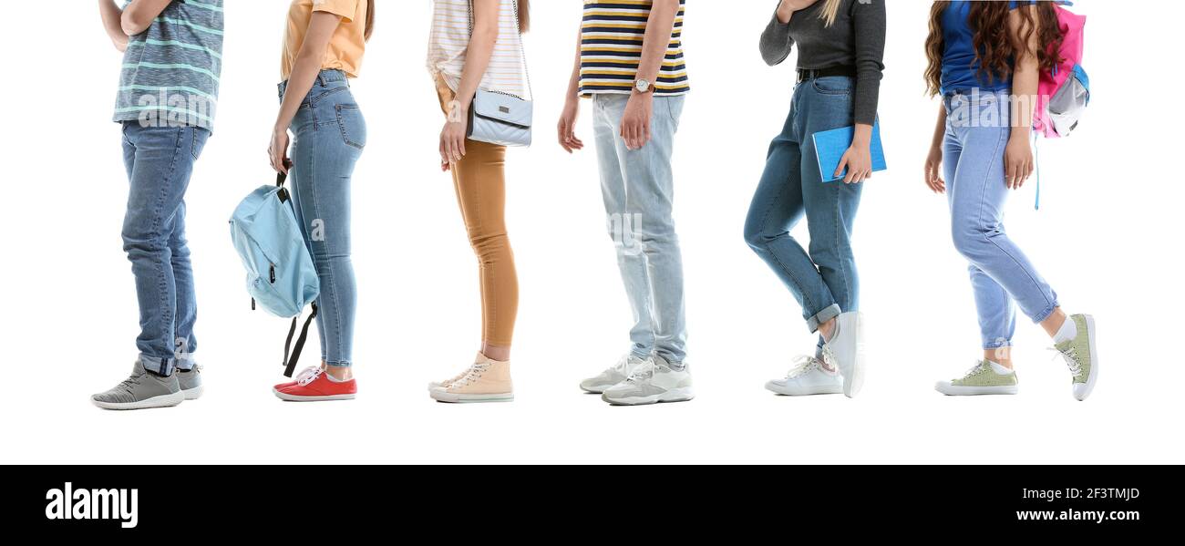 Students waiting in line on white background Stock Photo - Alamy