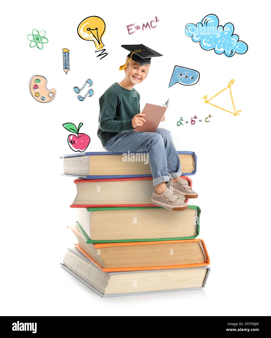 Cute little pupil in mortar board sitting on stack of books against ...