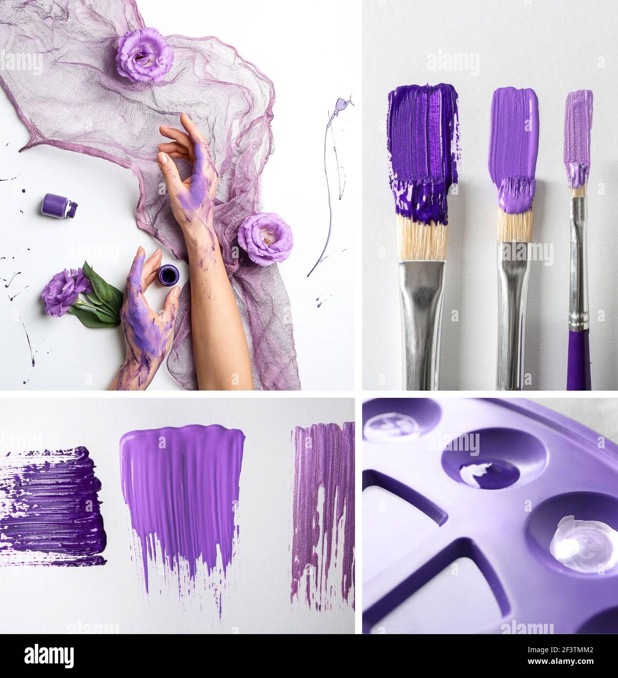 Collage of photos with violet paints on light background Stock Photo ...