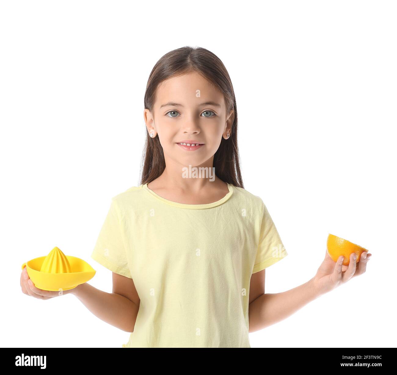 Cute little girl with squeezer and orange on white background Stock ...