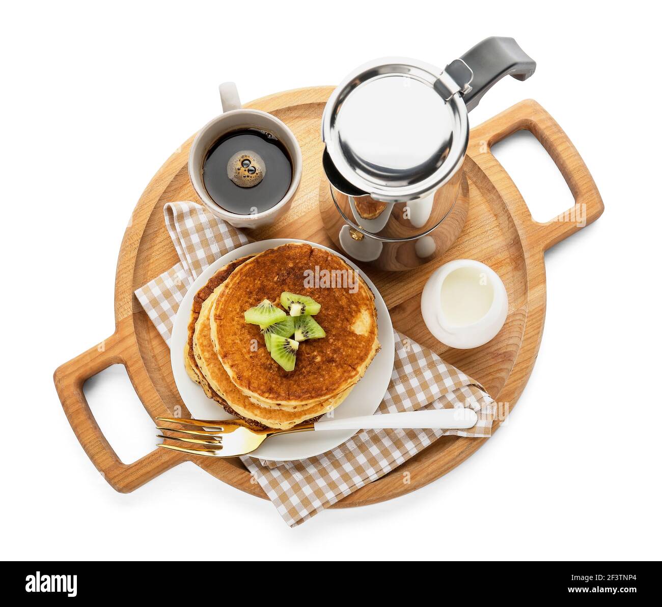 Wooden tray with tasty breakfast on white background Stock Photo - Alamy