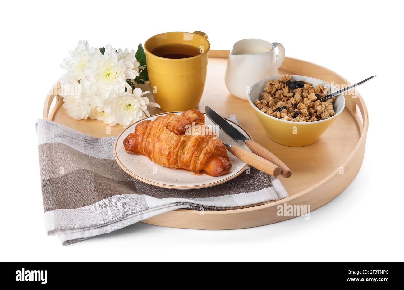 Wooden tray with tasty breakfast on white background Stock Photo - Alamy