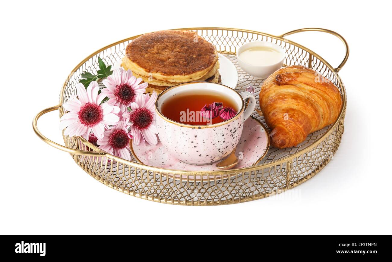 Metal tray with tasty breakfast on white background Stock Photo - Alamy