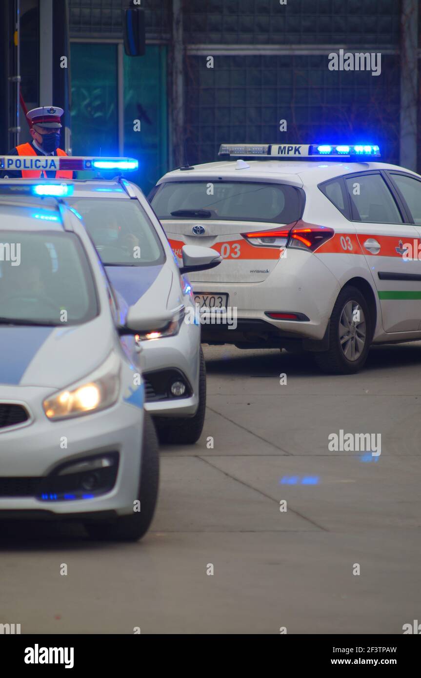 Police cars, emergency ambulance, city traffic inspection car- during ...