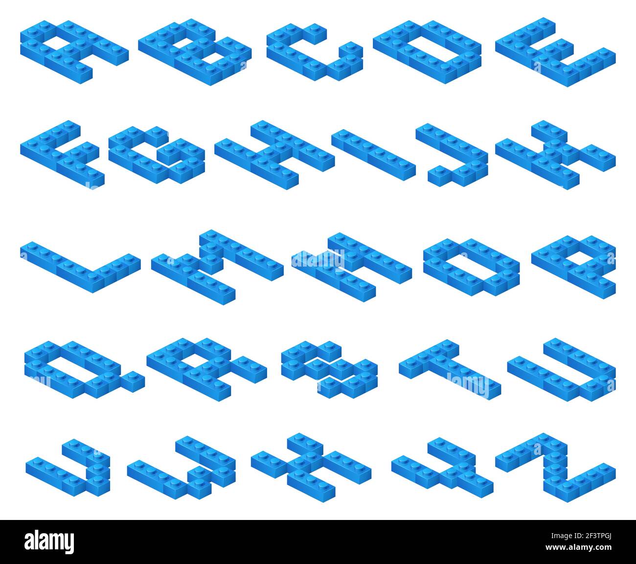 Isometric 3D vector font of plastic blue cubes constructor. Toy constructor alphabet, abc ...