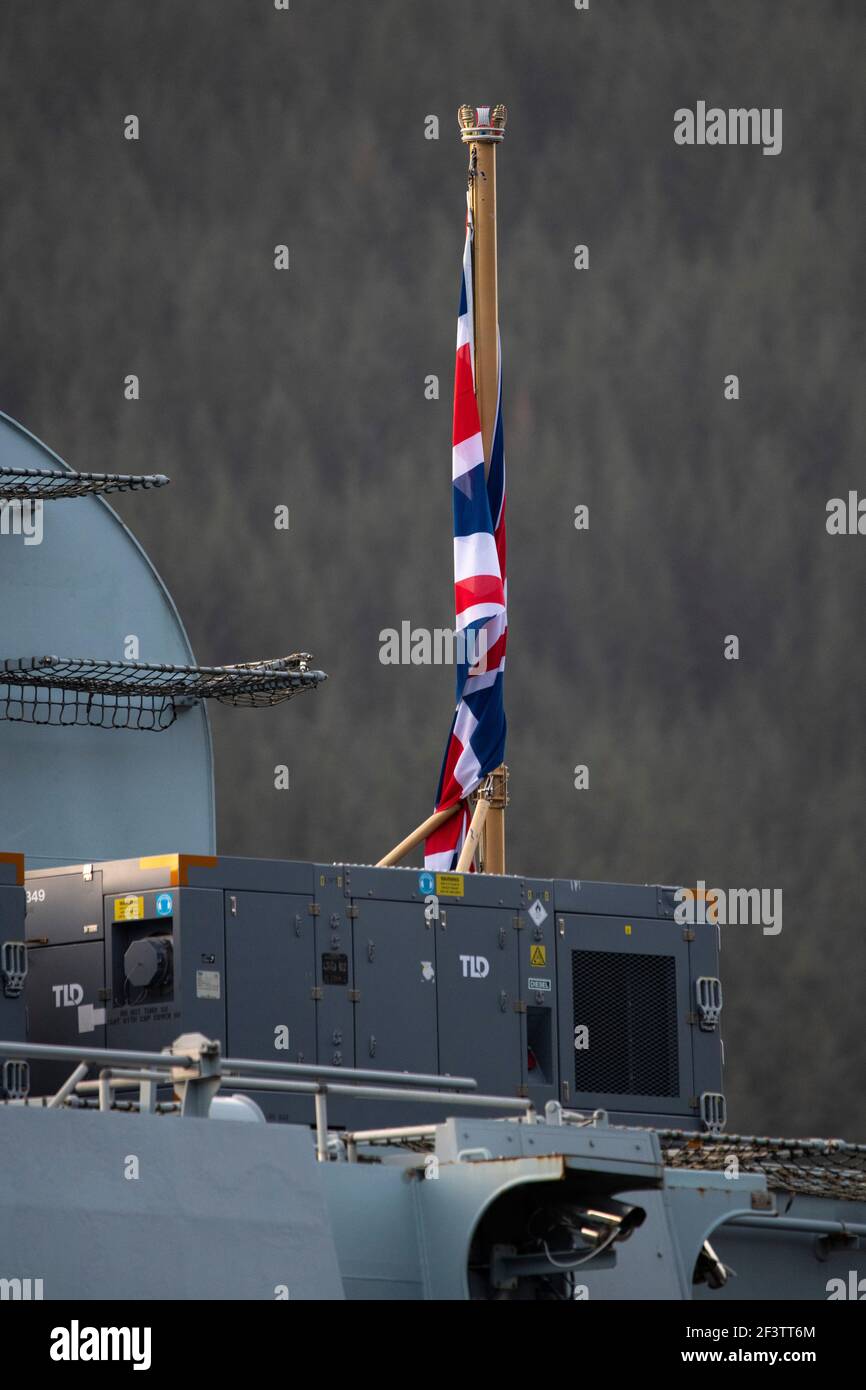 Finnart, Loch Long, Scotland, UK. 17th Mar, 2021. Union Jack Flag. HMS ...