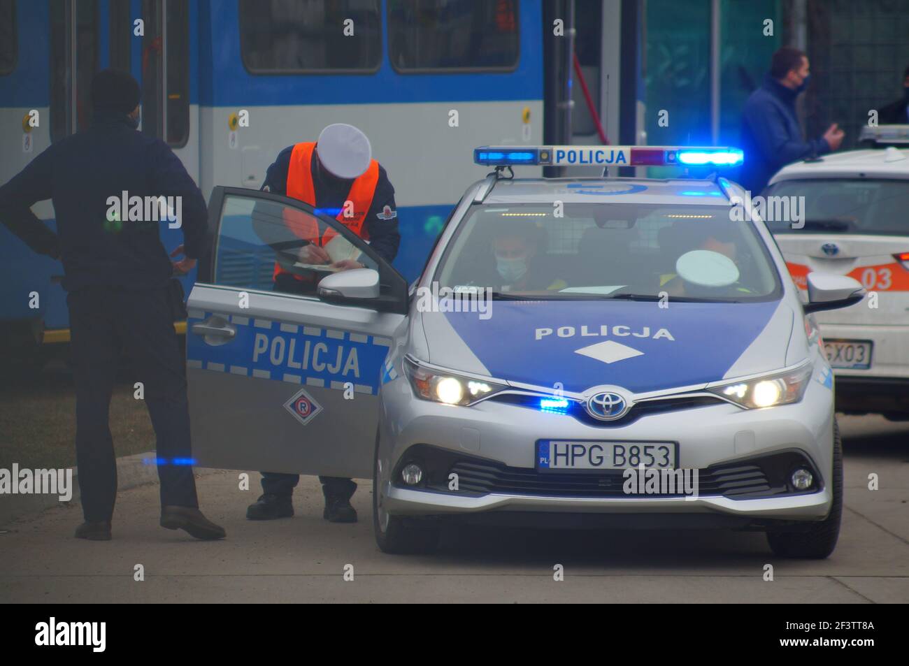 Police cars, emergency ambulance, city traffic inspection car- during ...