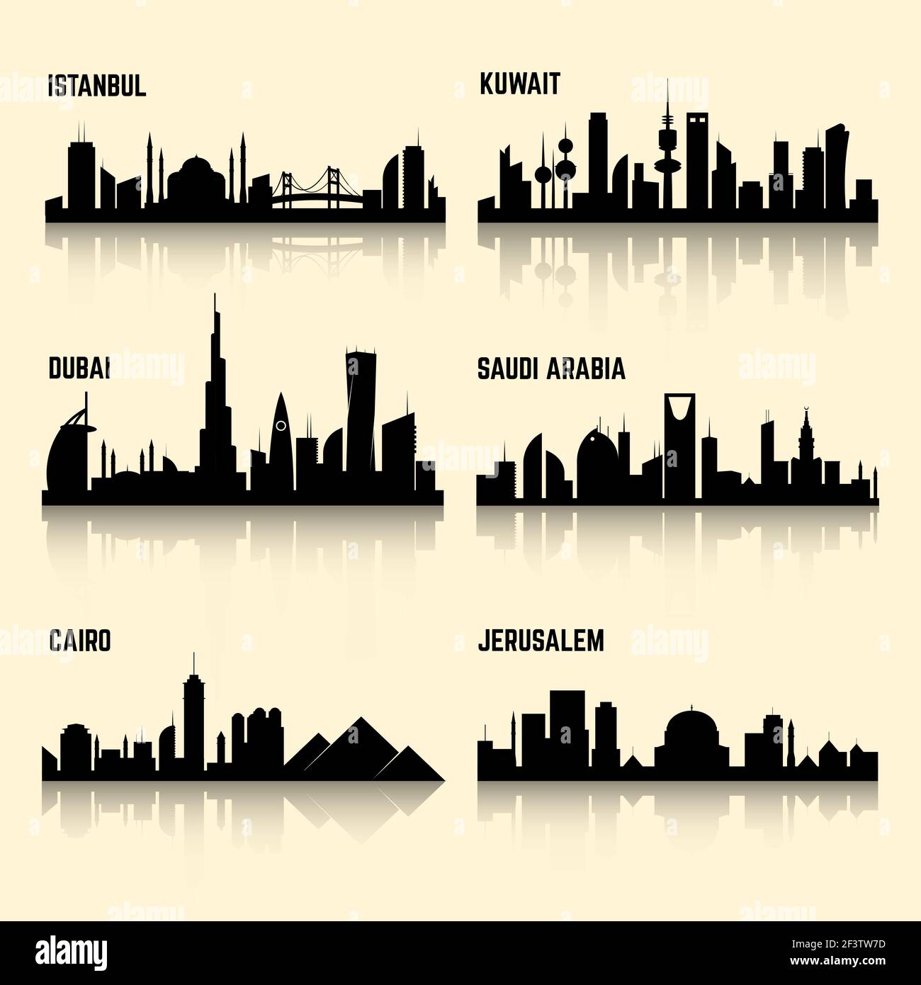 Middle East cities vector set. Jerusalem city, kuwait city, istanbul ...