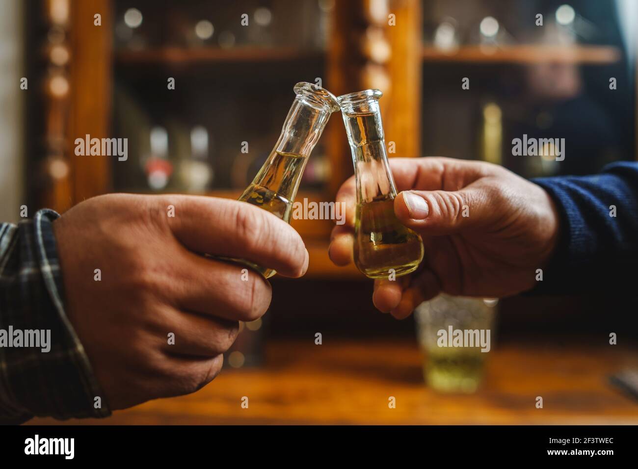 Close up on hands of two unknown men toasting with traditional serbian ...