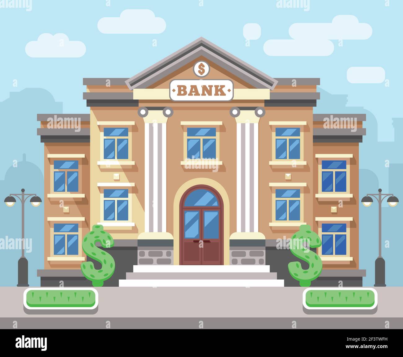 Bank building with cityscape. Business and finance flat vector concept ...