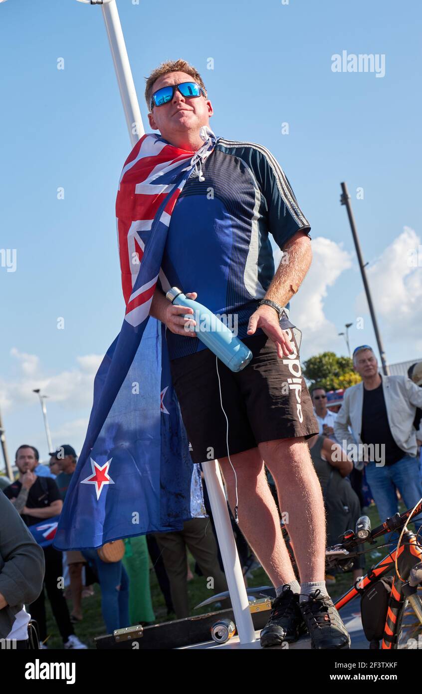 Kiwi fan at the America's Cup Village in Auckland on the day Emirates ...