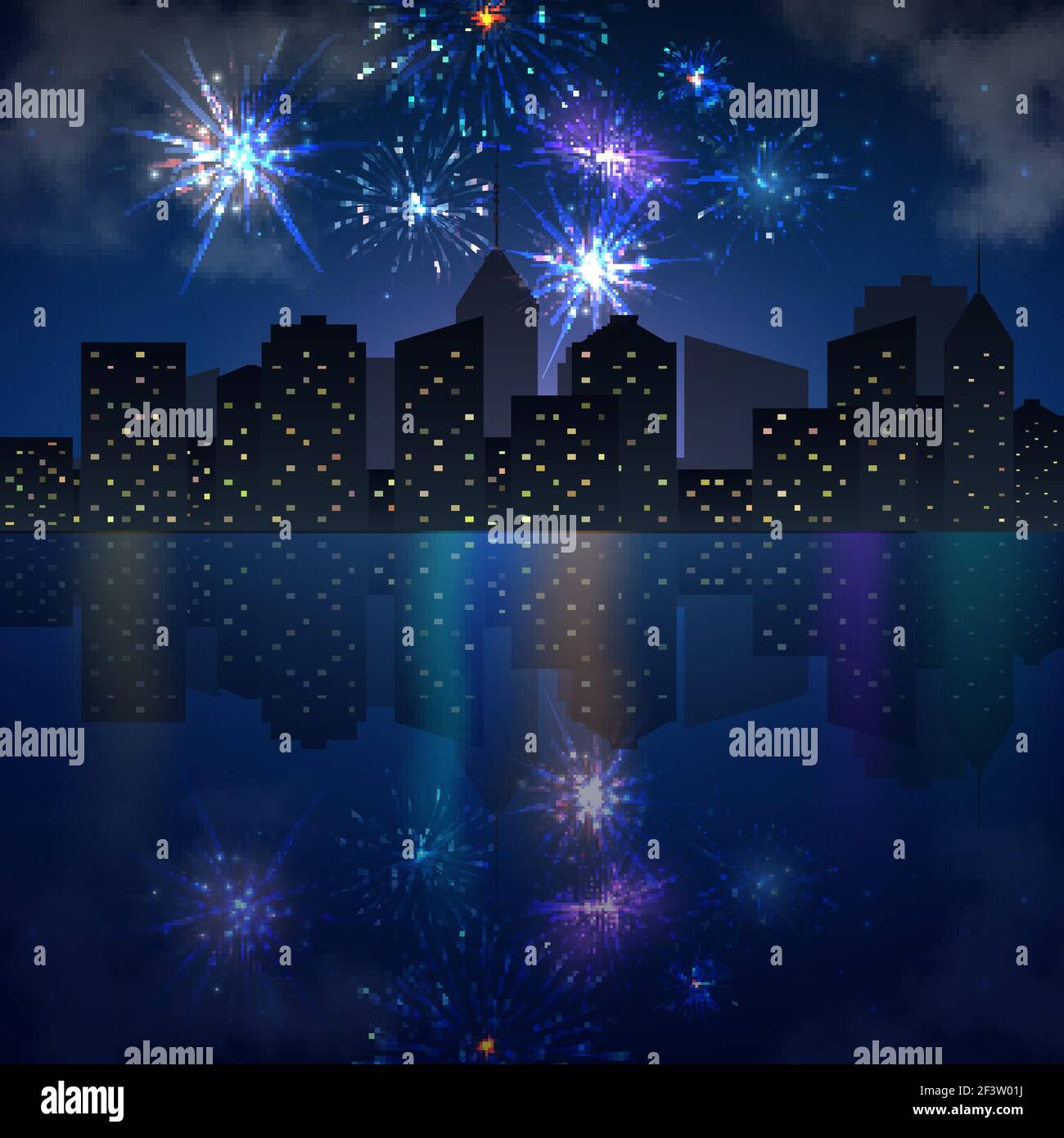 Night city skyline with river and fireworks. Vector holiday festive ...