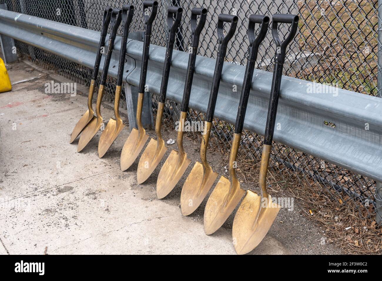 NEW YORK, NEW YORK - MARCH 17: shovels rest against the fence before a ...