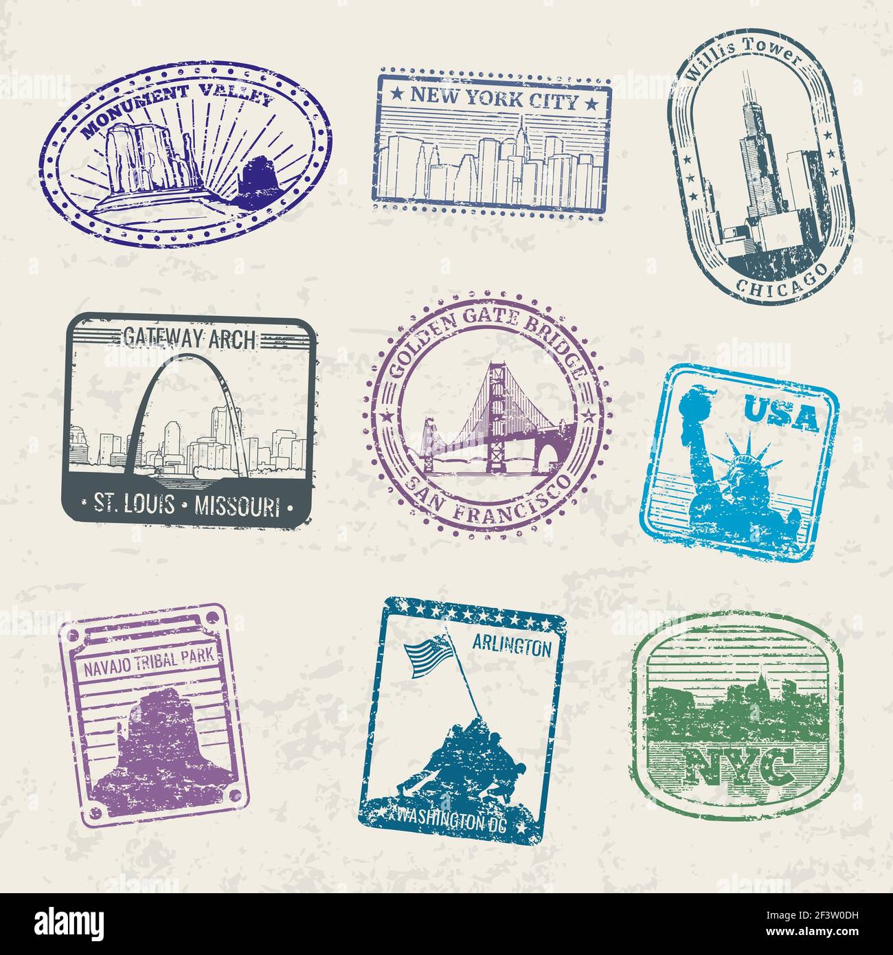 Mail travel stamps with USA city symbols and famous monuments Stock ...