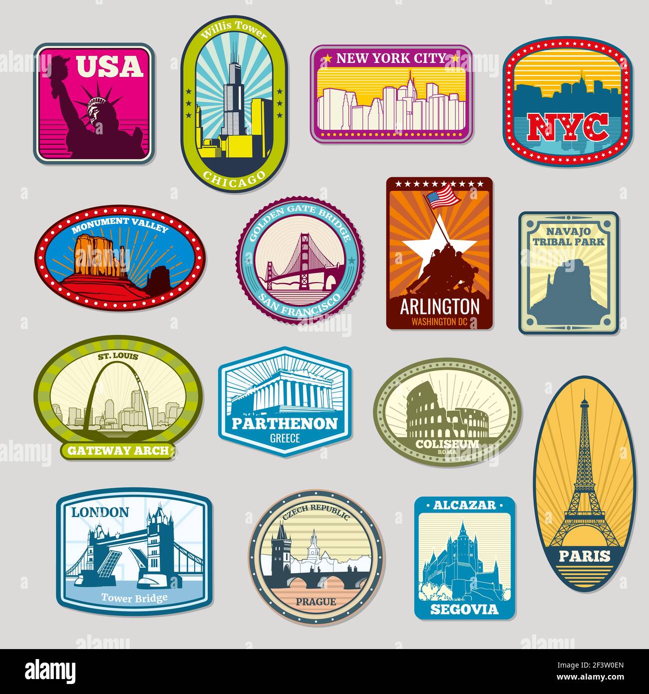 World famous monuments and landmarks vector labels, emblems. Travel ...