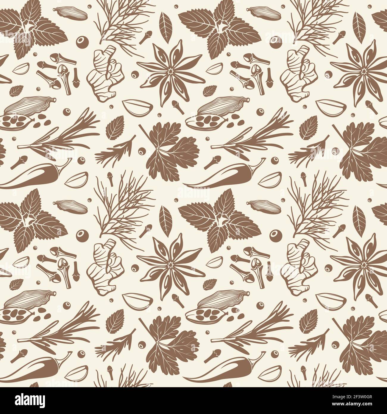 Kitchen herbs and spices vector seamless pattern. Pattern spice ingredient, natural herbs ...