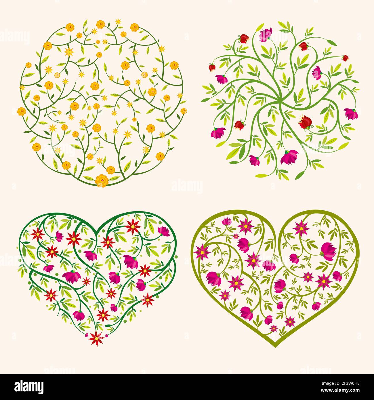 Vector spring flowers in circle composition. Floral vector logo. Circle ...