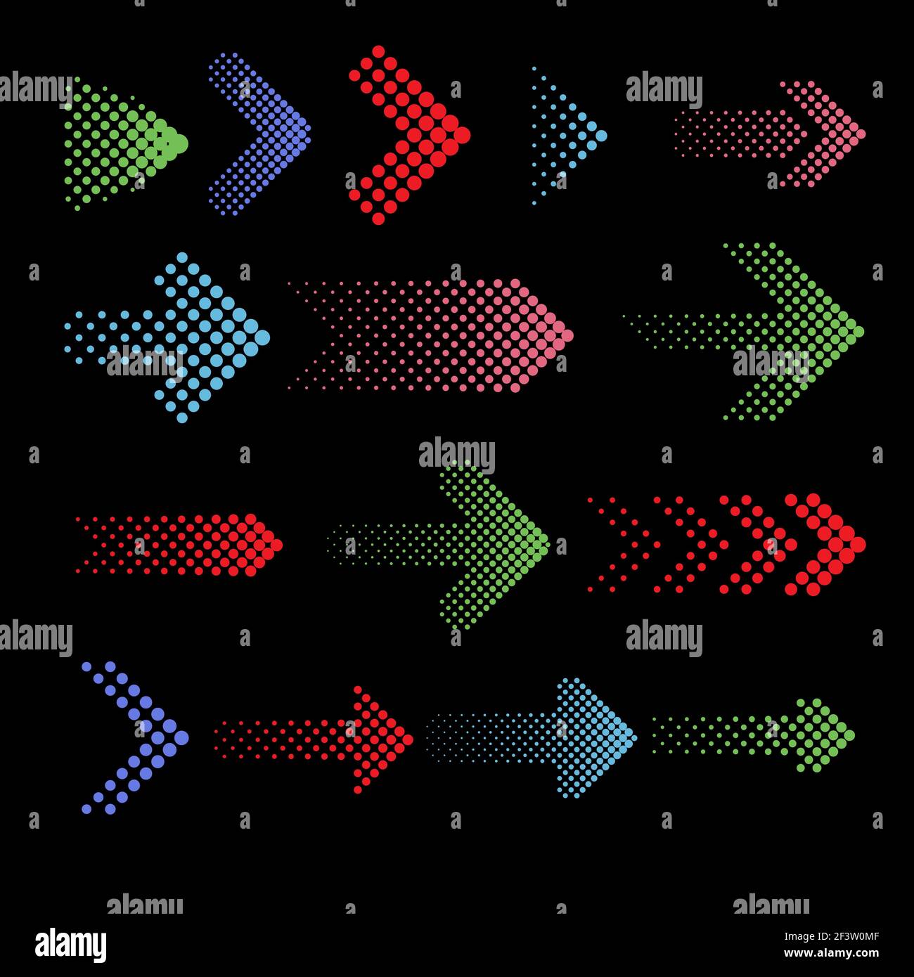 Color dotted arrow vector icons with halftone effect. Arrow dot, arrow ...