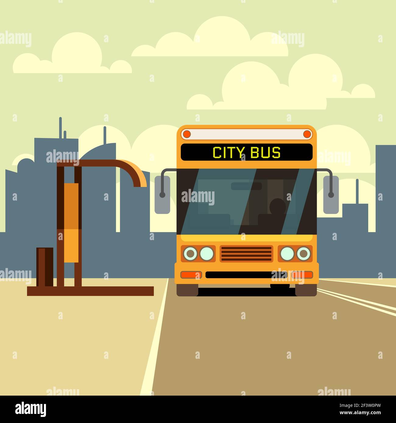 City bus at bus stop and urban skyline. Vector illustration in flat ...