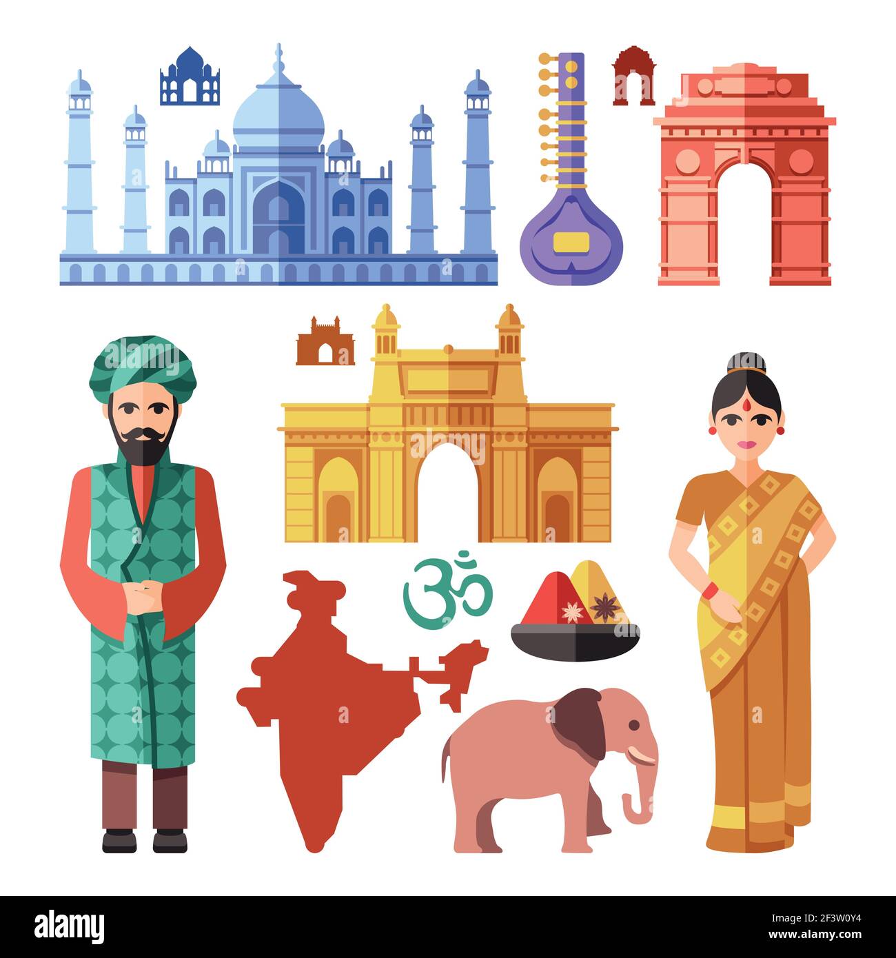 India flat vector icons with national landmarks for traveling concept ...