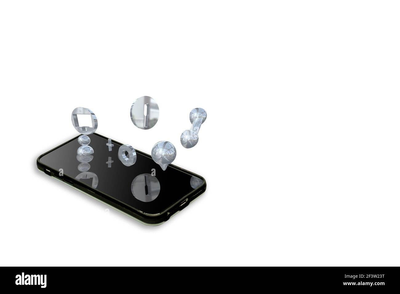 Silver icons coming out of cell phone screen floating in the air ...