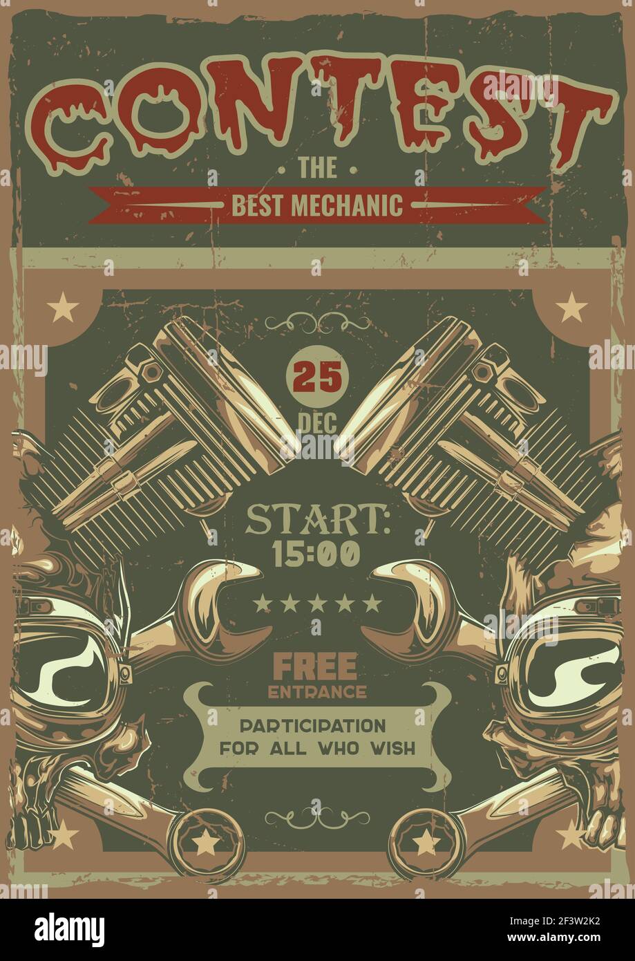 Poster label design with illustration of mechanic skull Stock Vector ...