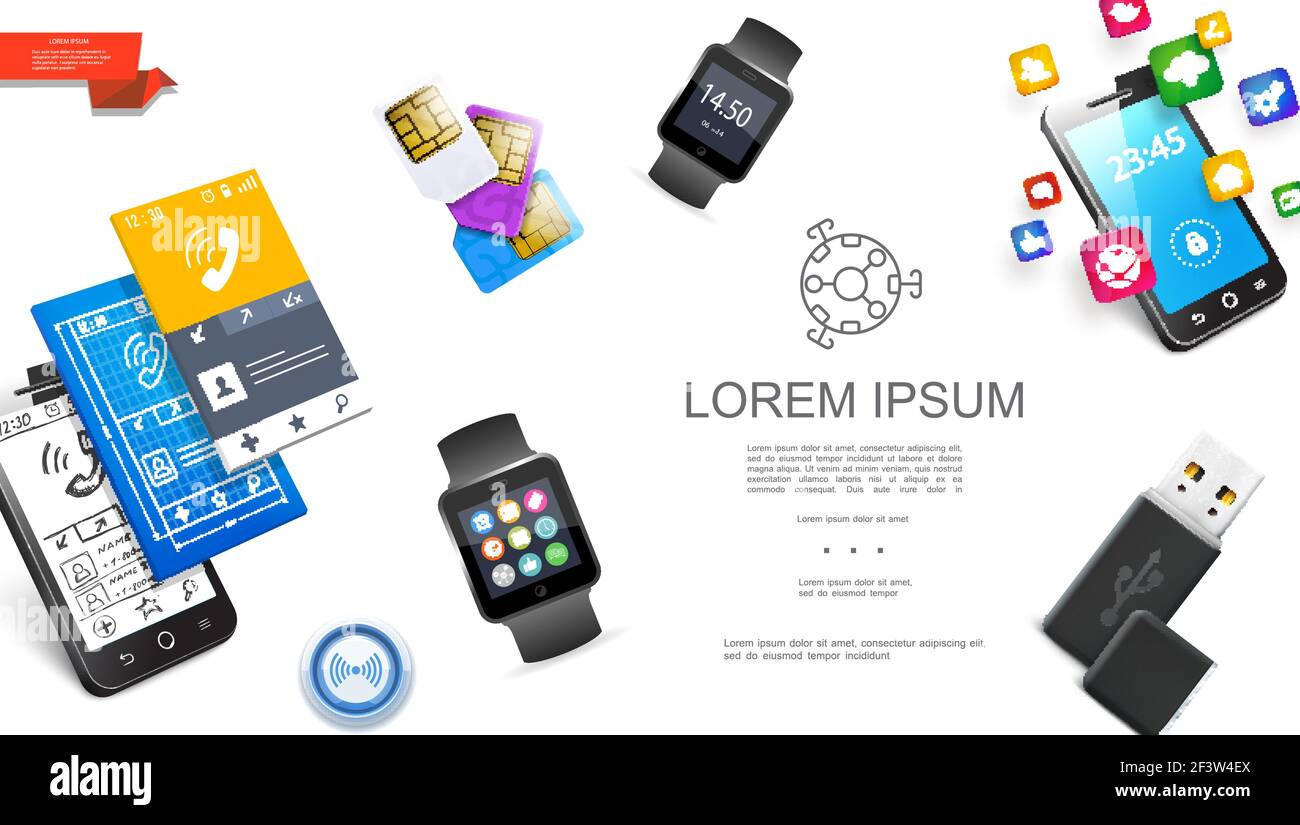 Realistic modern gadgets concept with smartwatches usb flash drive sim ...