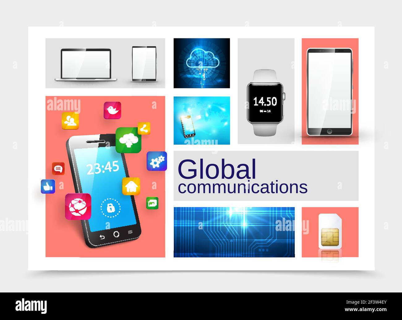 Realistic global communications concept with phone laptop tablet ...
