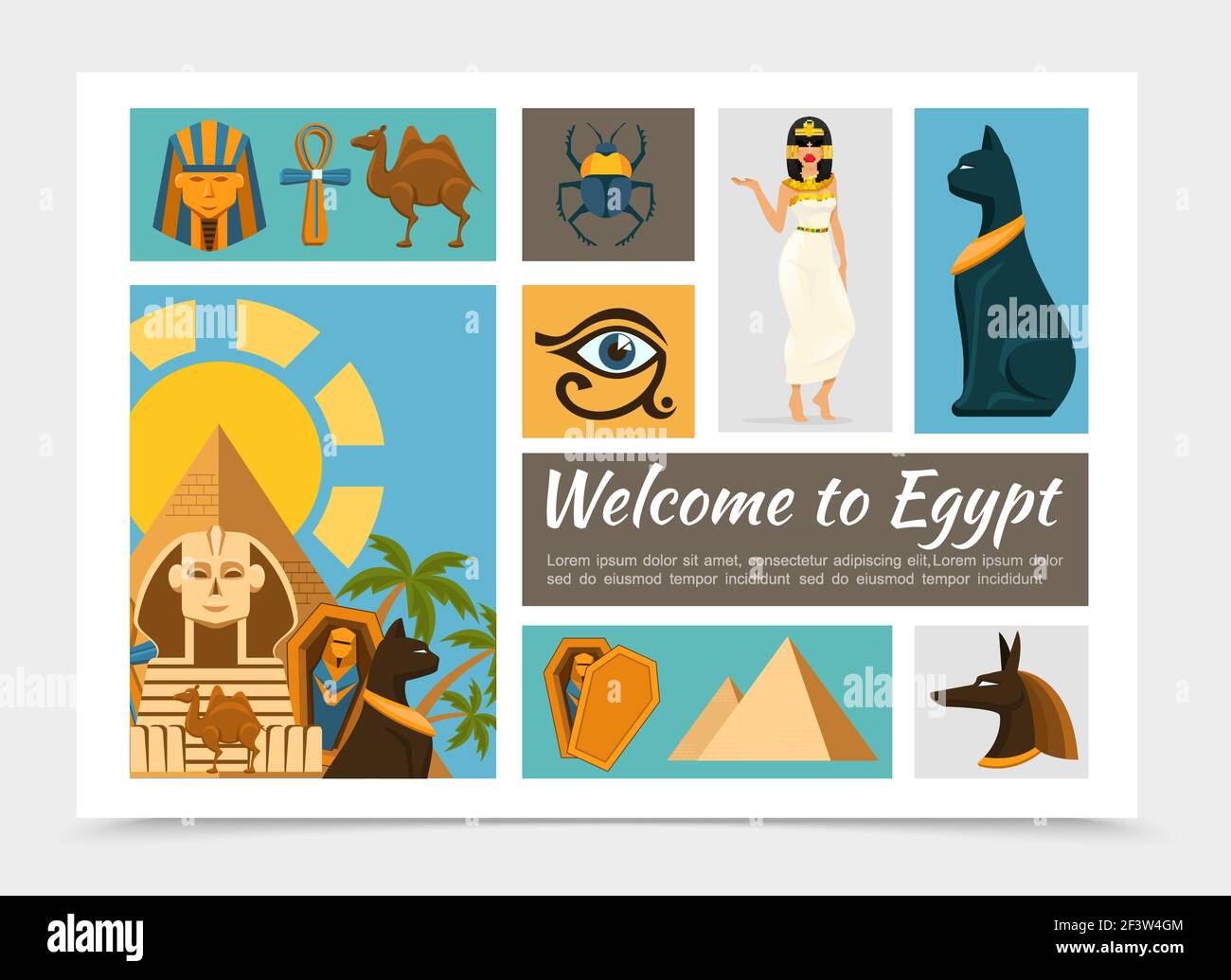 Flat Egypt elements set with pharaoh and Anubis God masks camel ankh ...