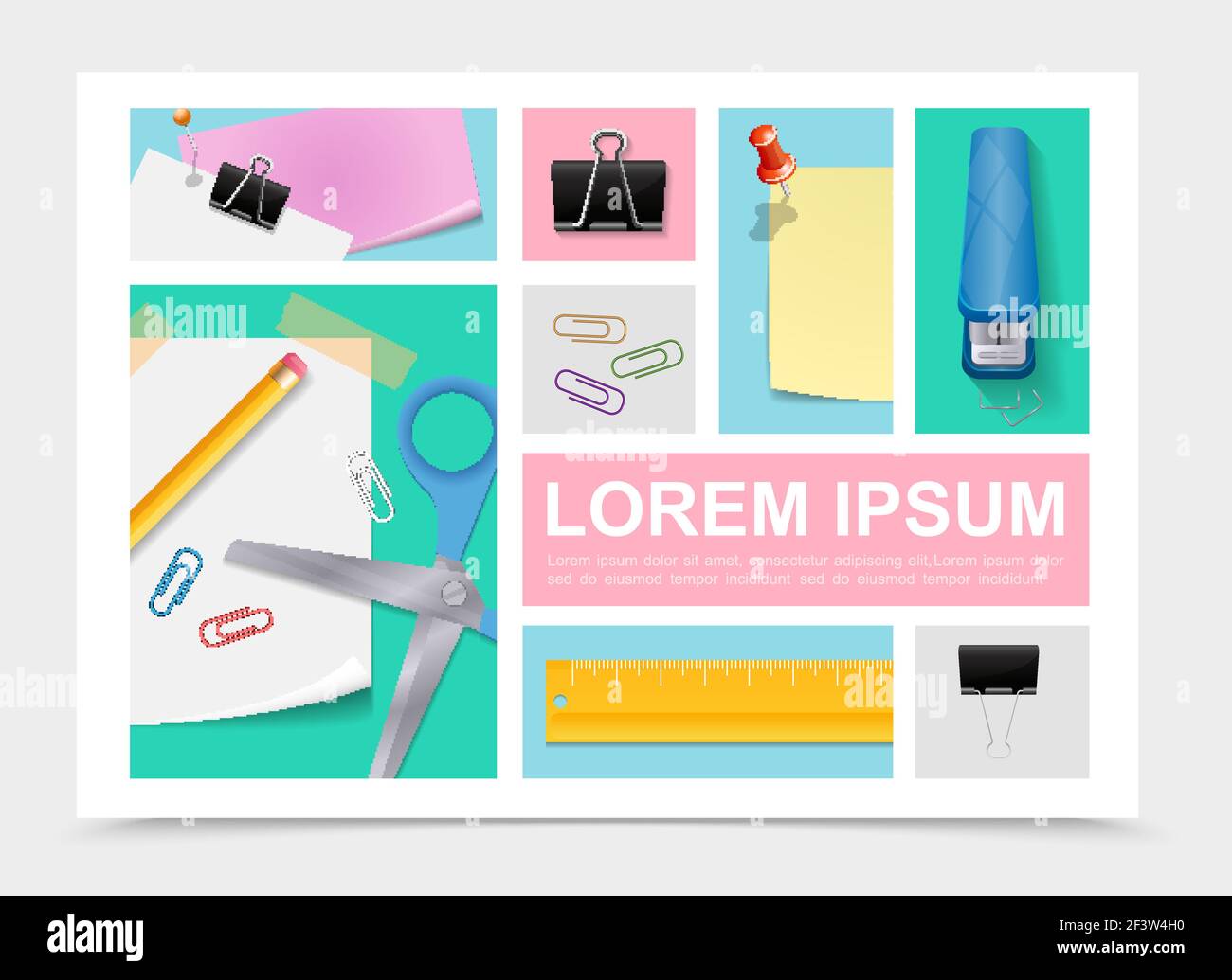 Colorful stationery collection with scissors pencil paper sheets ...