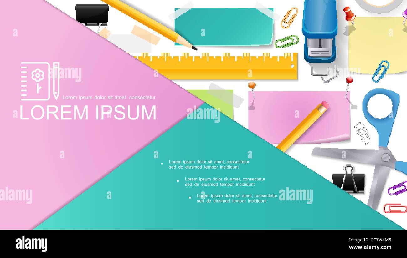 Realistic stationery composition with scissors pencils stapler pushpins ...
