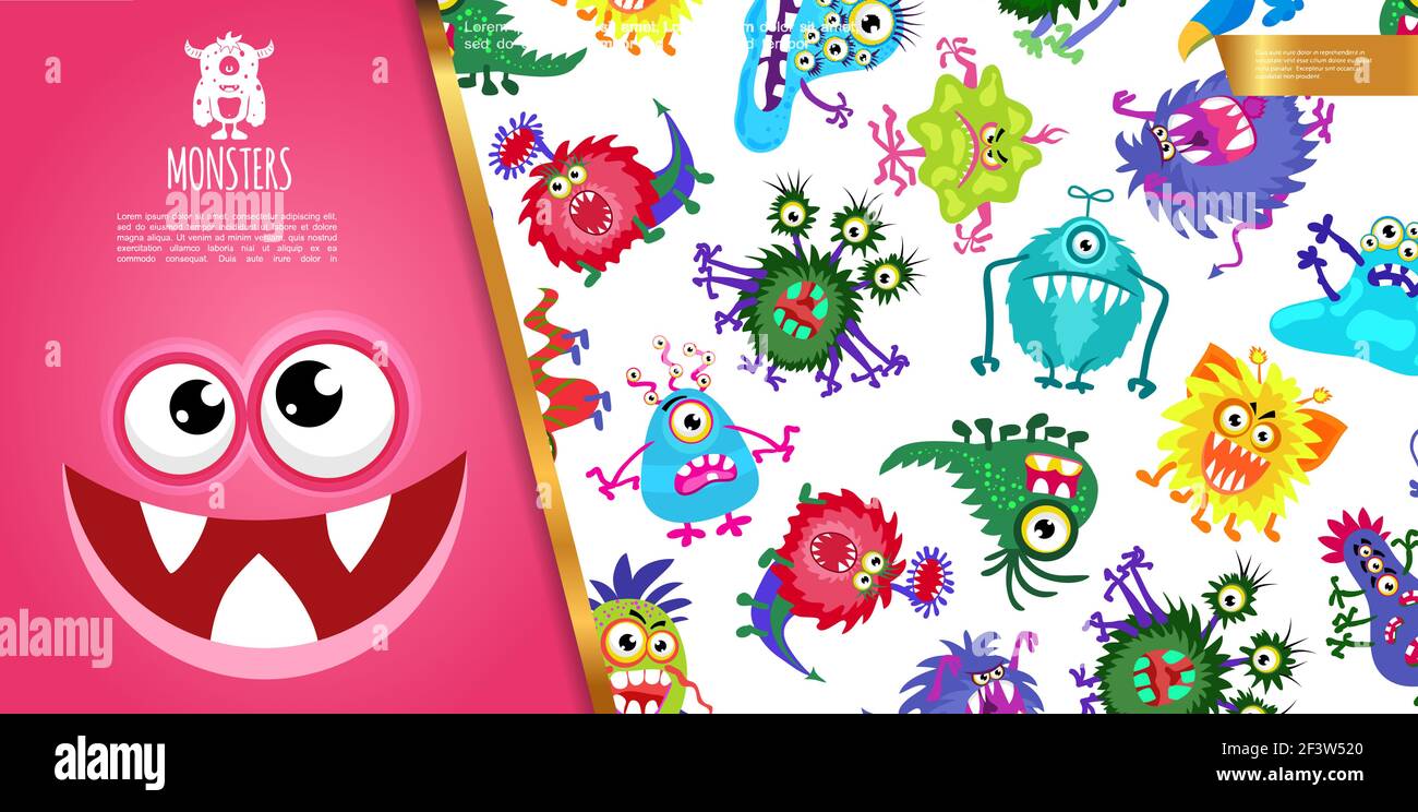 Cartoon funny colorful monsters composition with cute creatures and ...