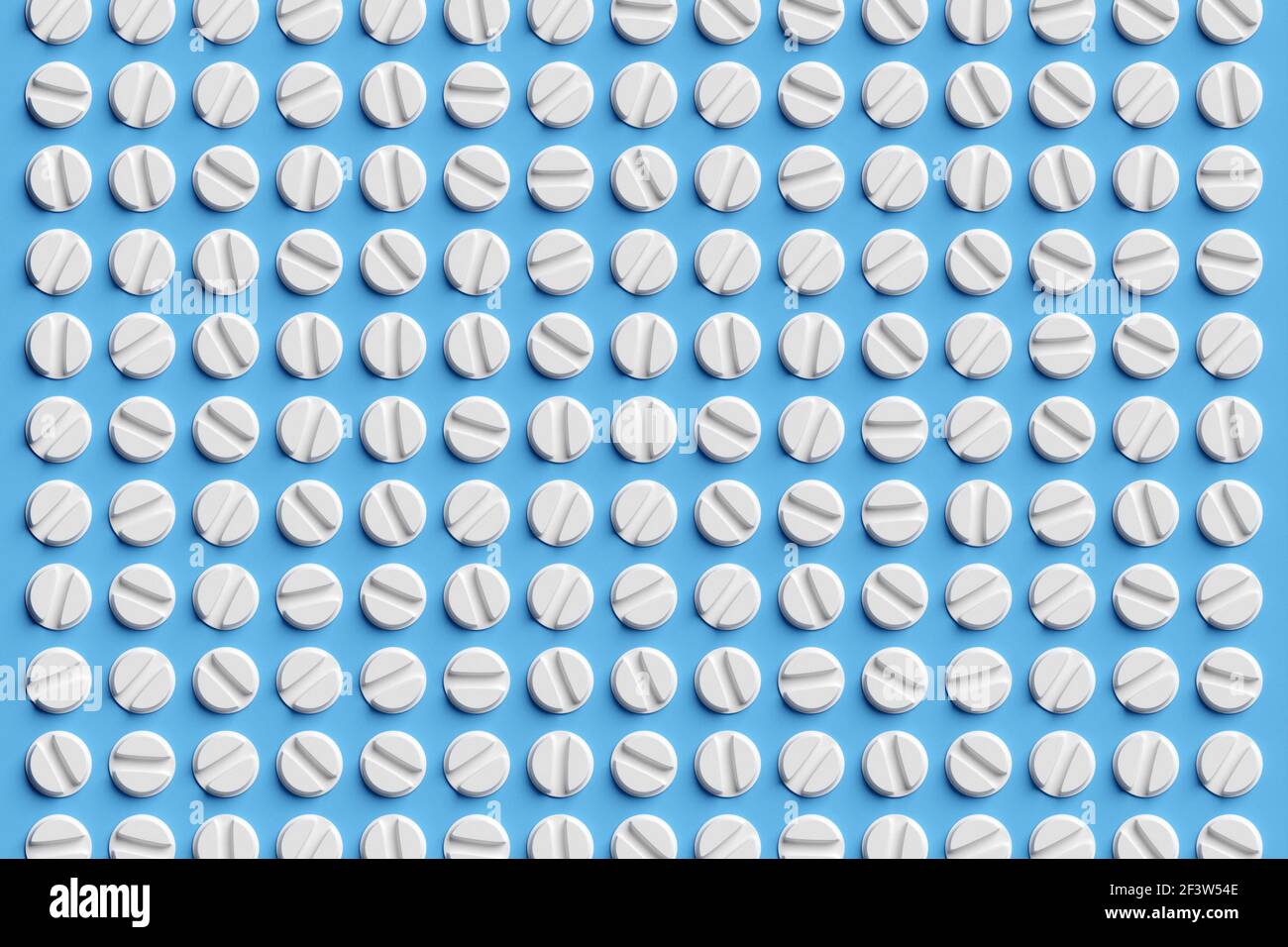 3D illustration white - white pils, tablets with medicine in even rows ...