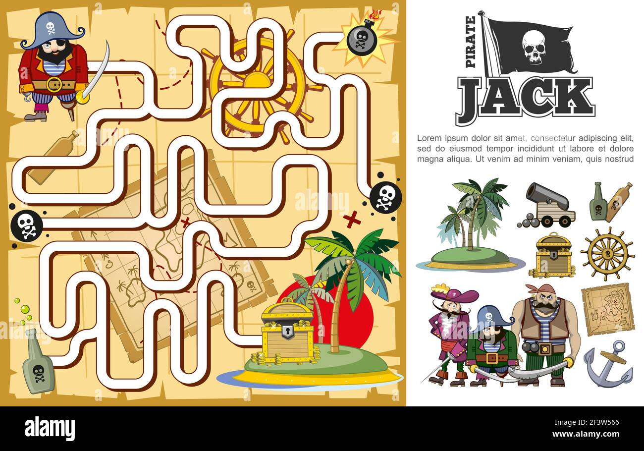 Cartoon pirate treasure hunt maze concept with uninhabited island ...