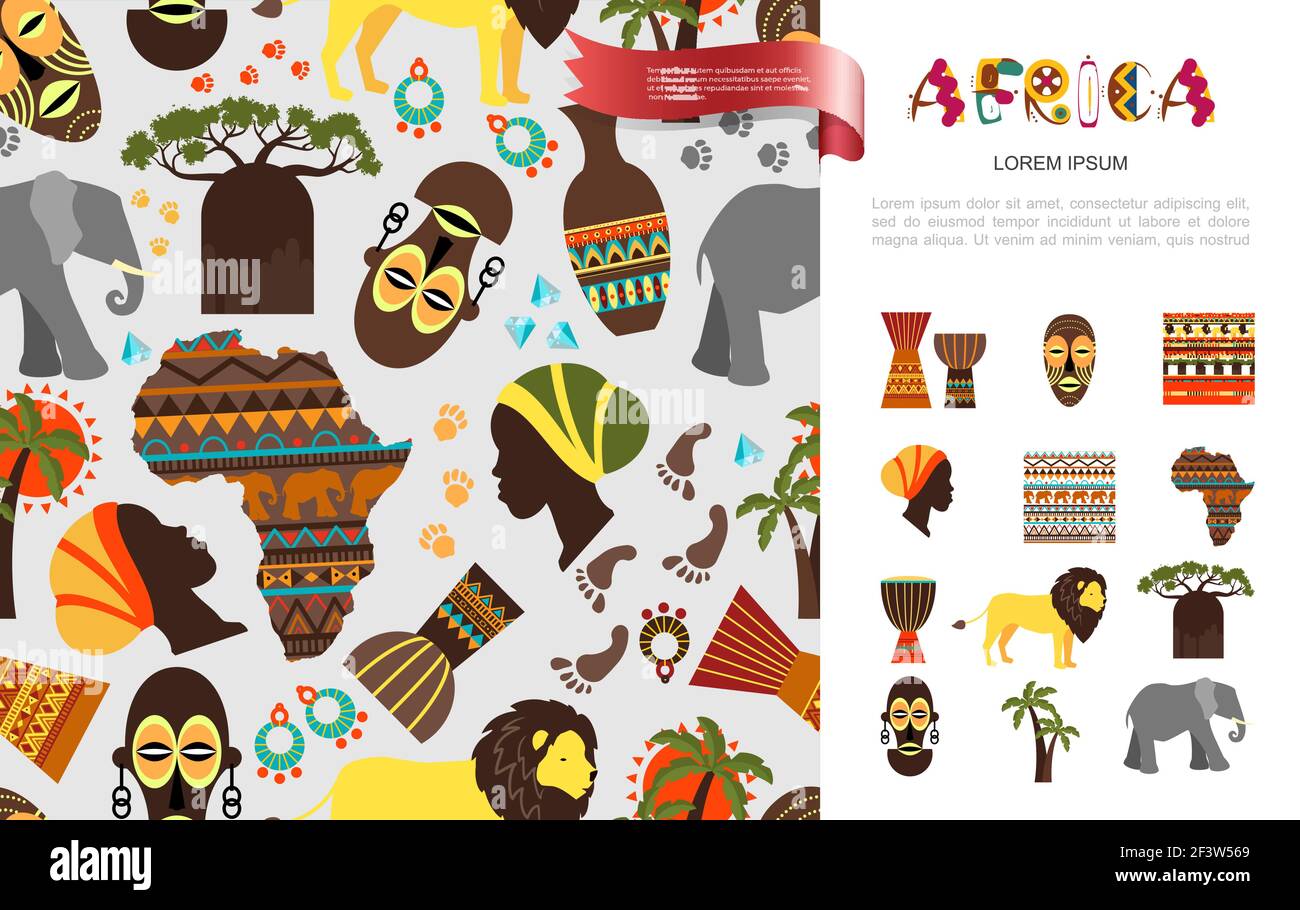 Flat african ethnic concept with tribal mask baobab palm trees african ...