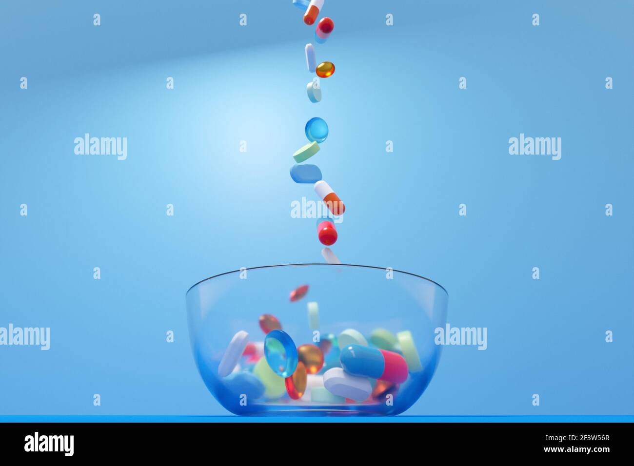 3d illustration of multicolored and differently shaped pills, capsules ...
