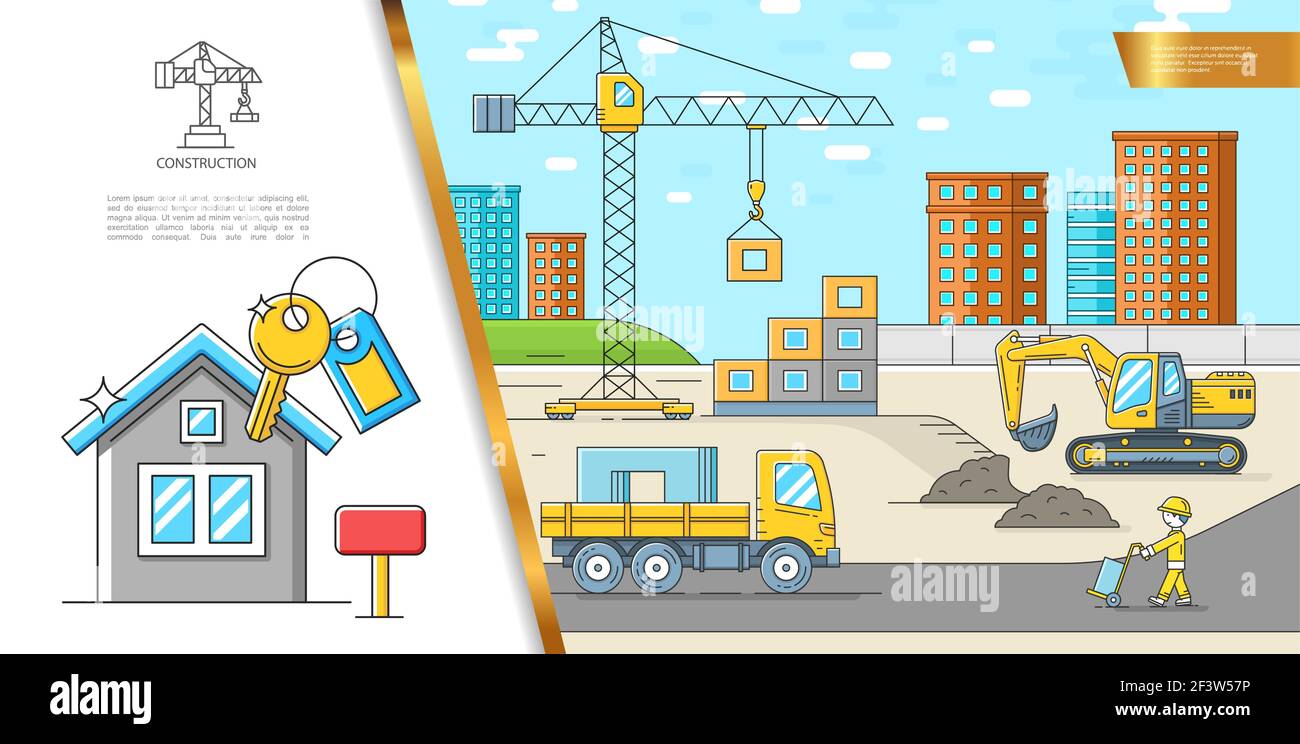 Colorful construction site concept with truck excavator crane buildings ...