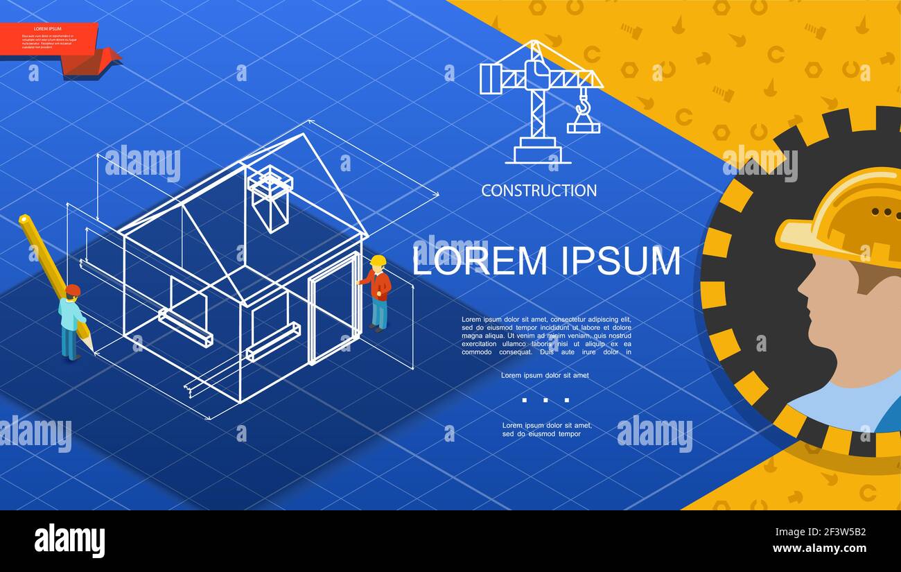 Flat construction industry template with builder and engineers design ...