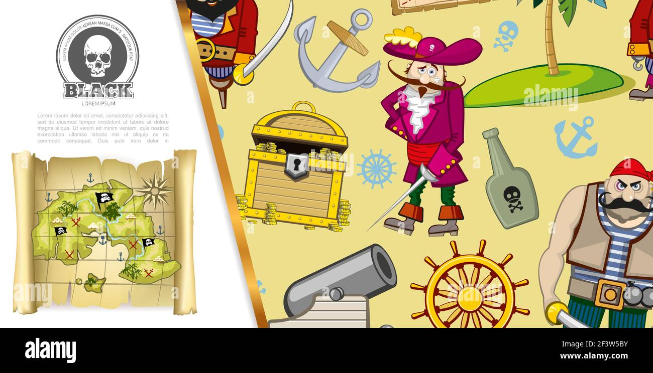 Cartoon pirates adventure concept with chest of gold coins treasure map ...