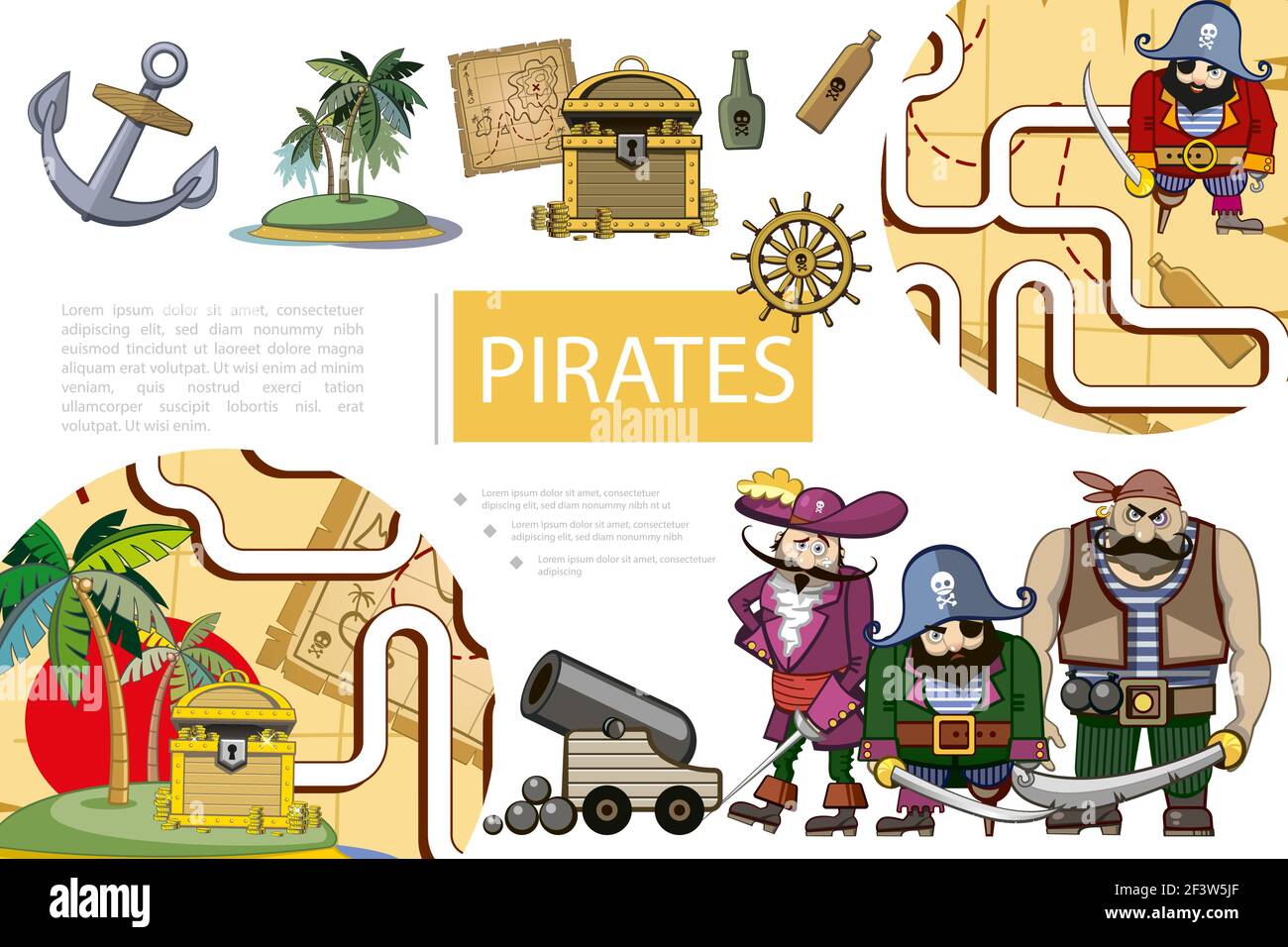Cartoon pirates adventure composition with ship anchor island map ...