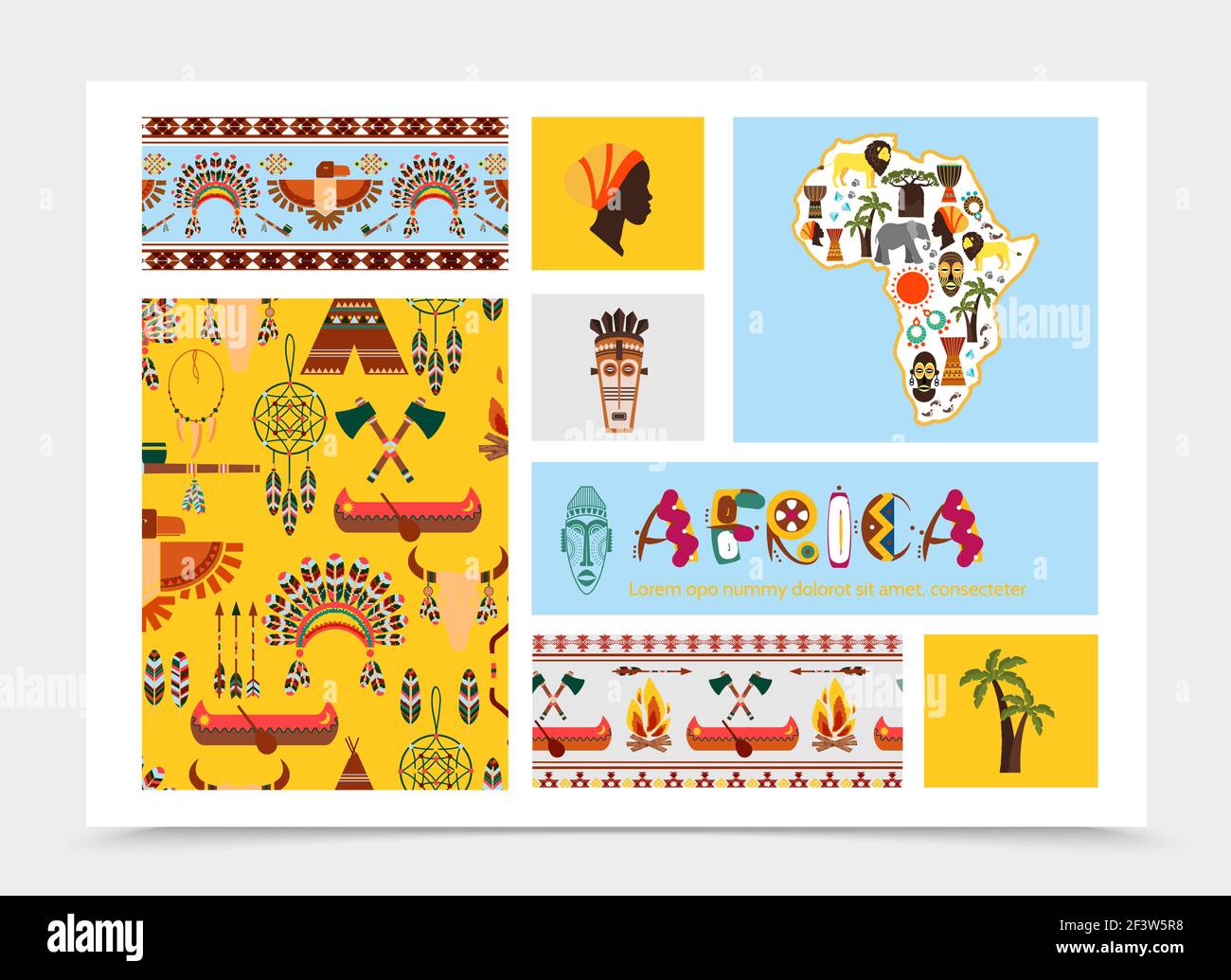 Flat african native elements composition with animals Africa map tribal ...