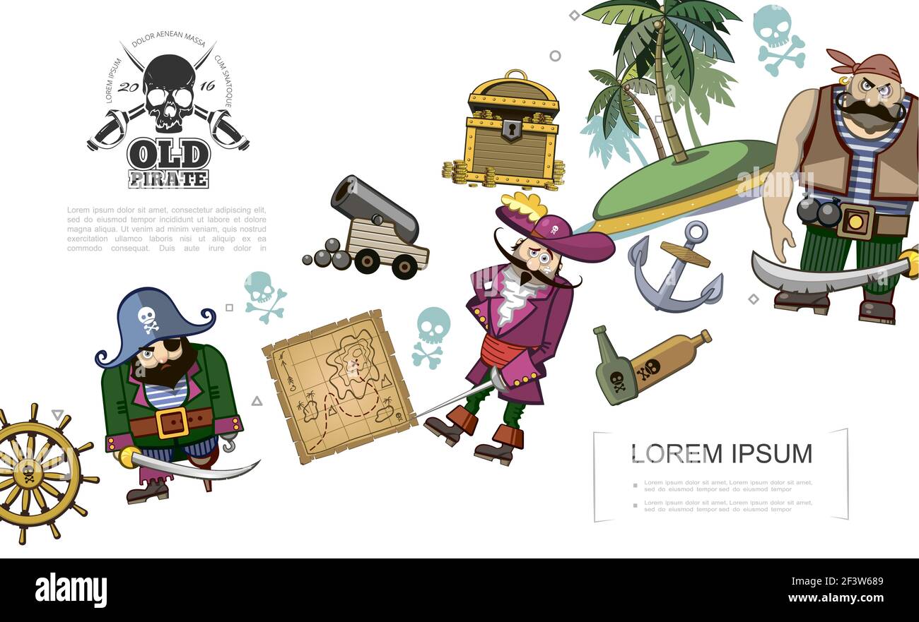Cartoon pirates concept with steering wheel treasure chest anchor map ...