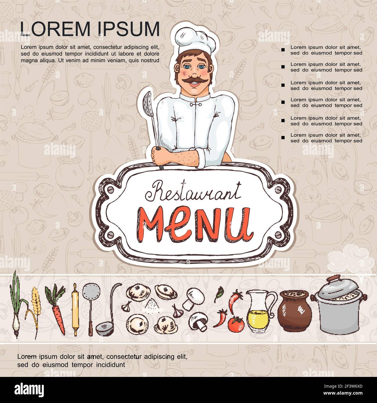 Sketch Russian cuisine menu template with chef holding strainer ...
