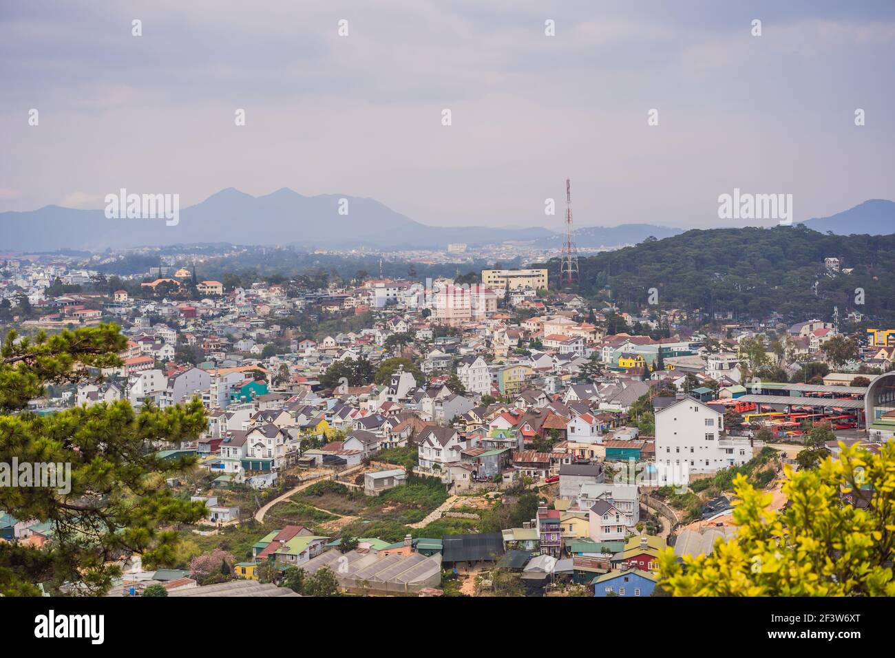 Aerial view of Dalat city. The city is located on the Langbian Plateau ...