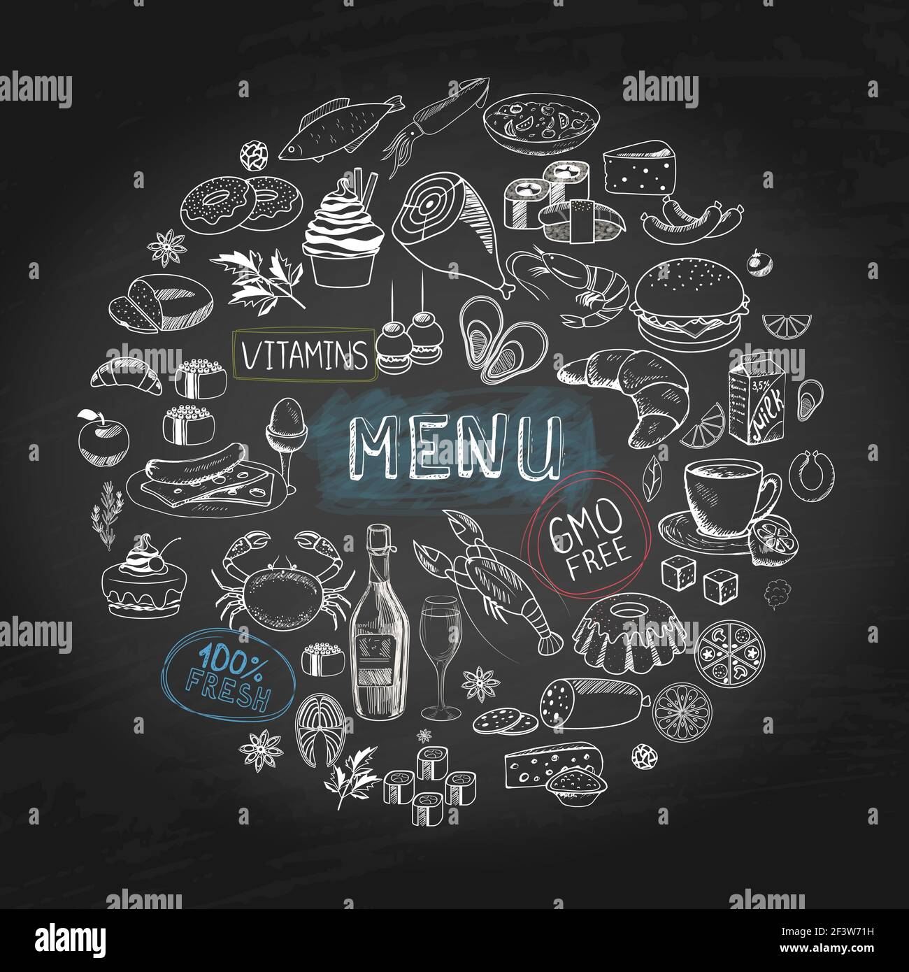 Hand drawn cafe menu round concept with burger cakes donuts meat ...