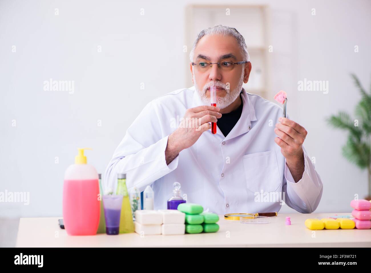 Old chemist testing soap in the lab Stock Photo - Alamy